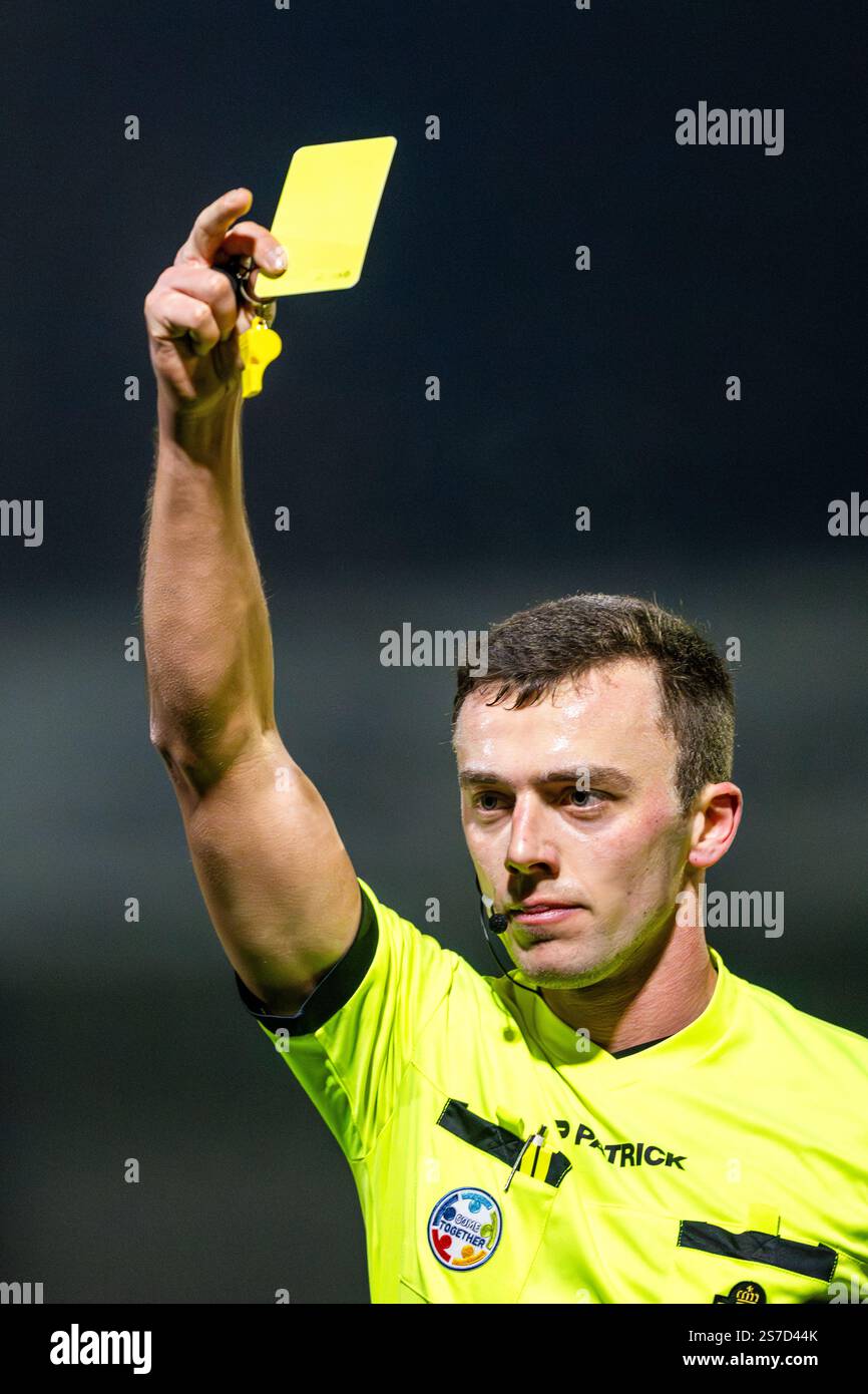 Ninove, Belgium. 18th Jan, 2025. Yellow card given by referee Wouter ...