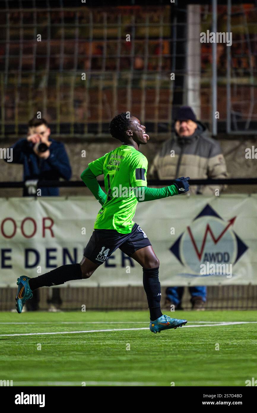 Ninove, Belgium. 18th Jan, 2025. Louange Muhire (14) of VK Ninove ...