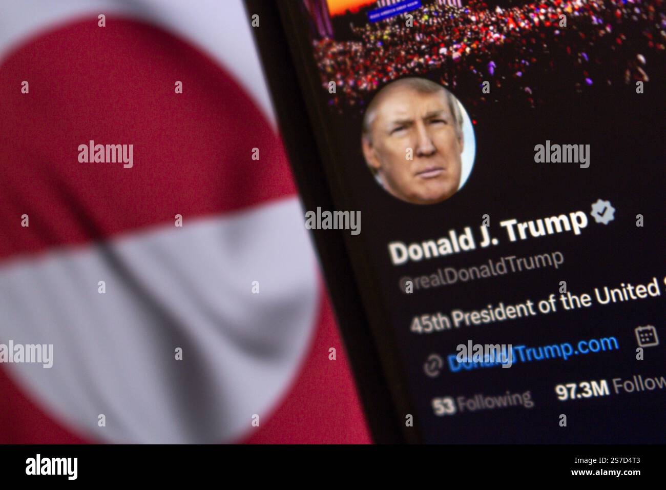 Donald Trump's X app account page, with Greenland flag in the ...
