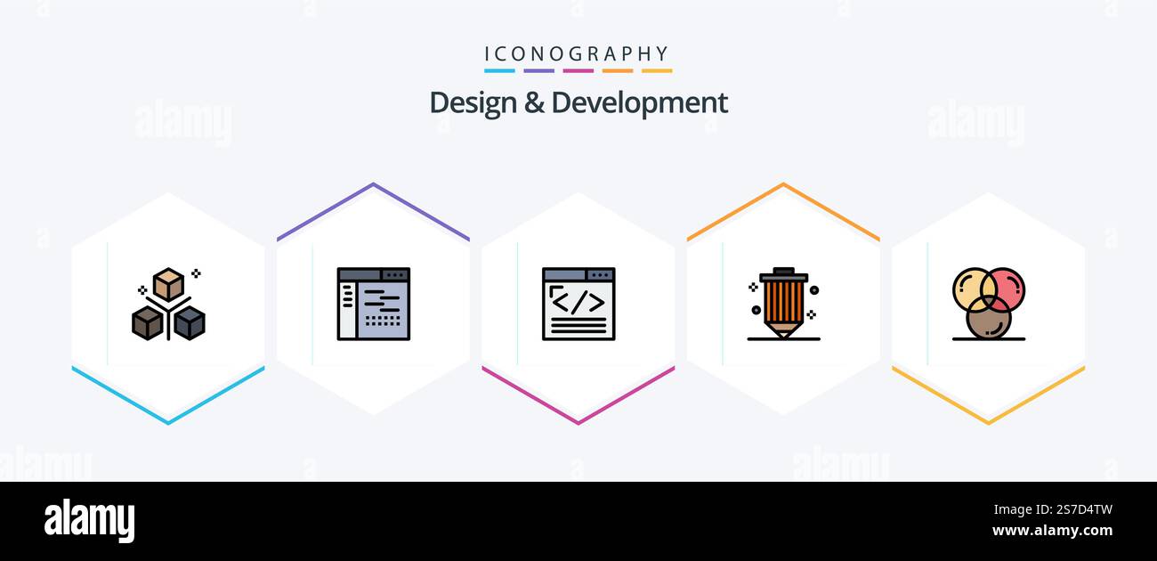 Design and Development 25 FilledLine icon pack including development. coding. page. web ...