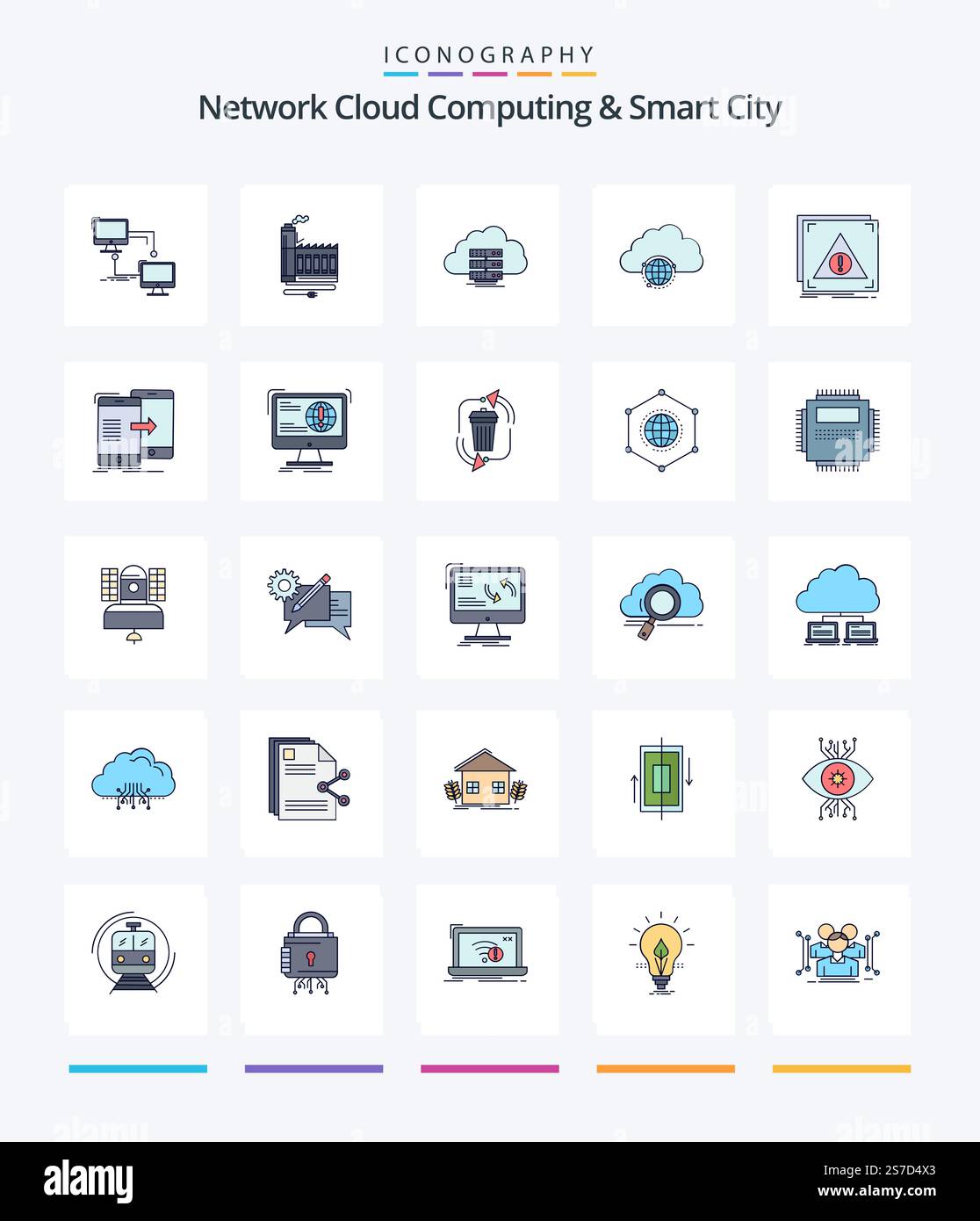 Creative Network Cloud Computing And Smart City 25 Line FIlled icon pack Such As city. flow ...