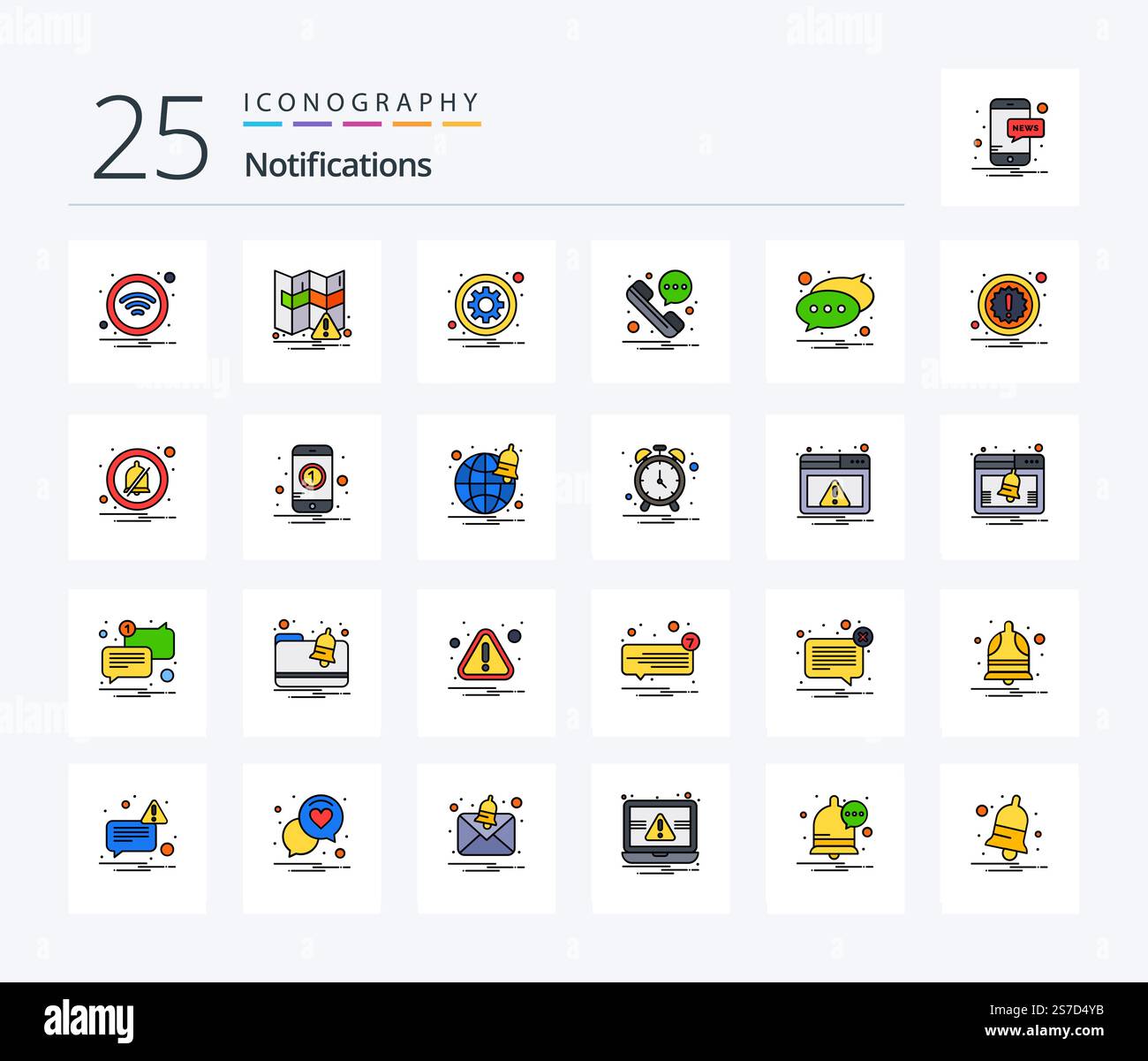 Notifications 25 Line Filled icon pack including message. chat. gear ...