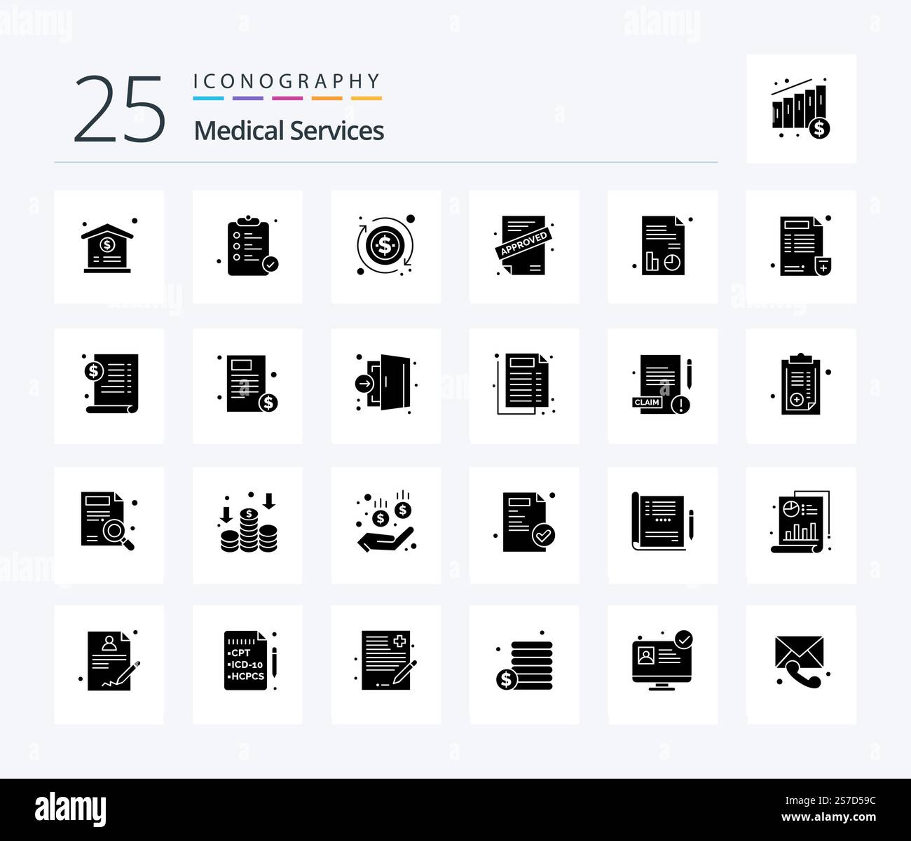 Medical Services 25 Solid Glyph icon pack including hospital. chart ...