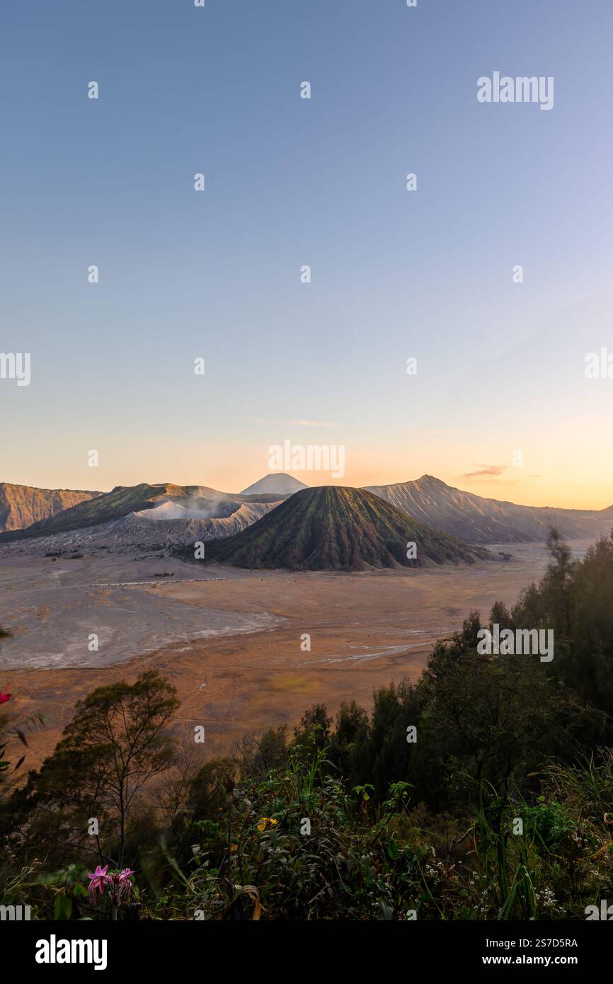 Aerial view of the smoking craters and the scenic beauty of the Bromo ...
