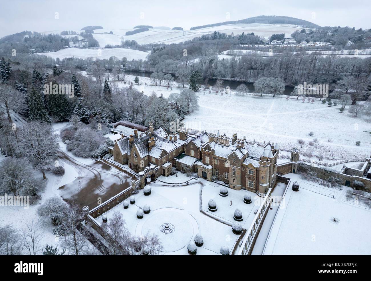 Aerial view of Abbotsford House, former home of writer Sir Walter Scott ...