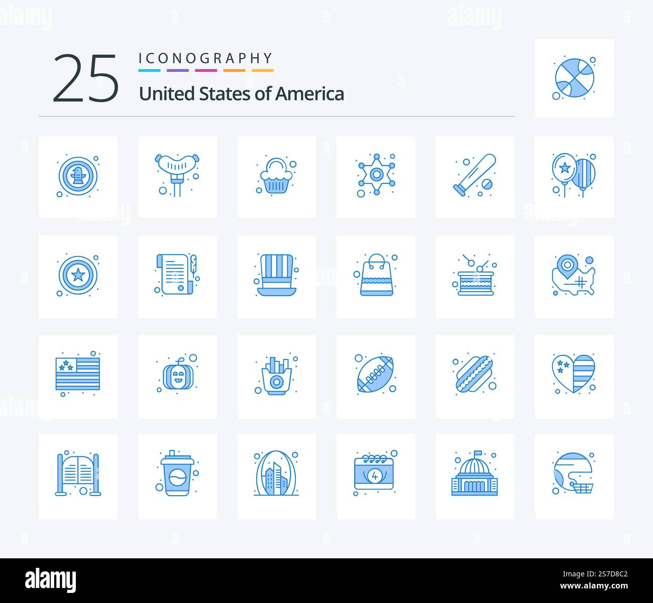 Usa 25 Blue Color icon pack including baseball. police sign. cake. star ...