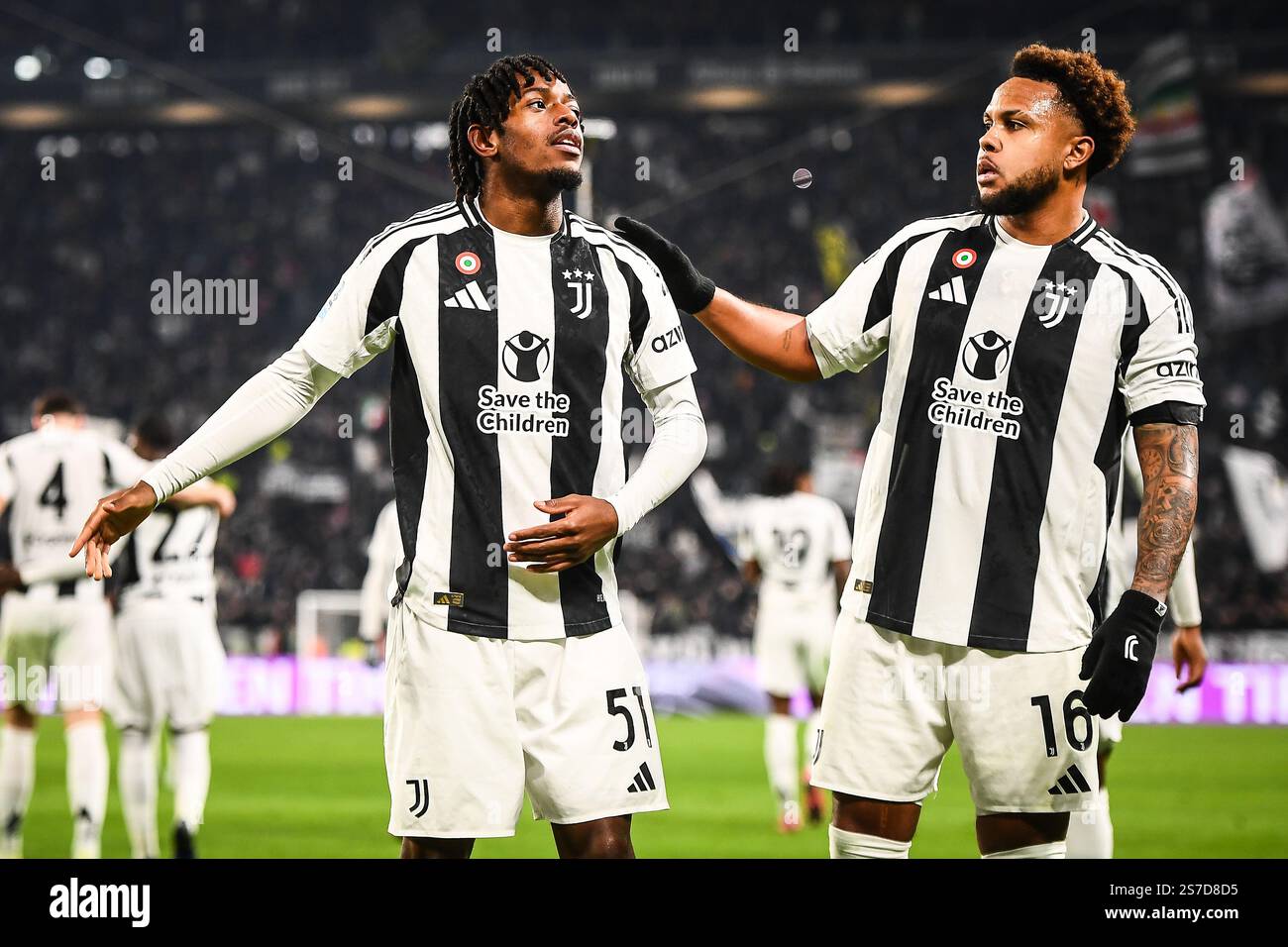 Turin, Italie. 18th Jan, 2025. Samuel MBANGULA of Juventus celebrate his goal with Weston ...
