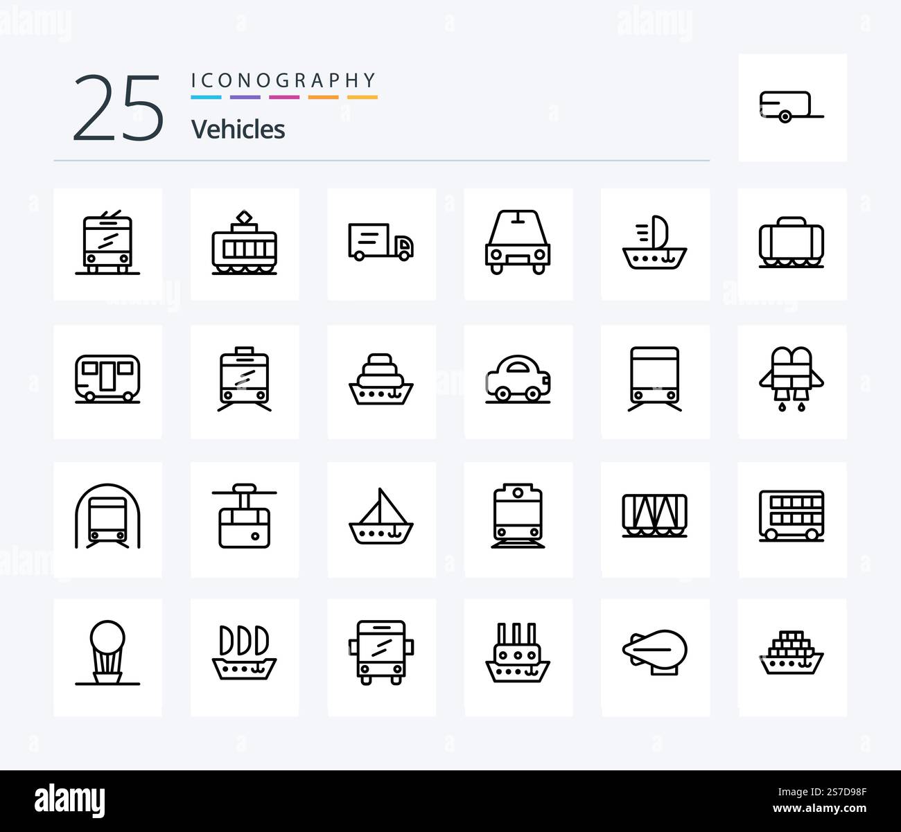Vehicles 25 Line icon pack including vehicle. railroad. car. vessel ...