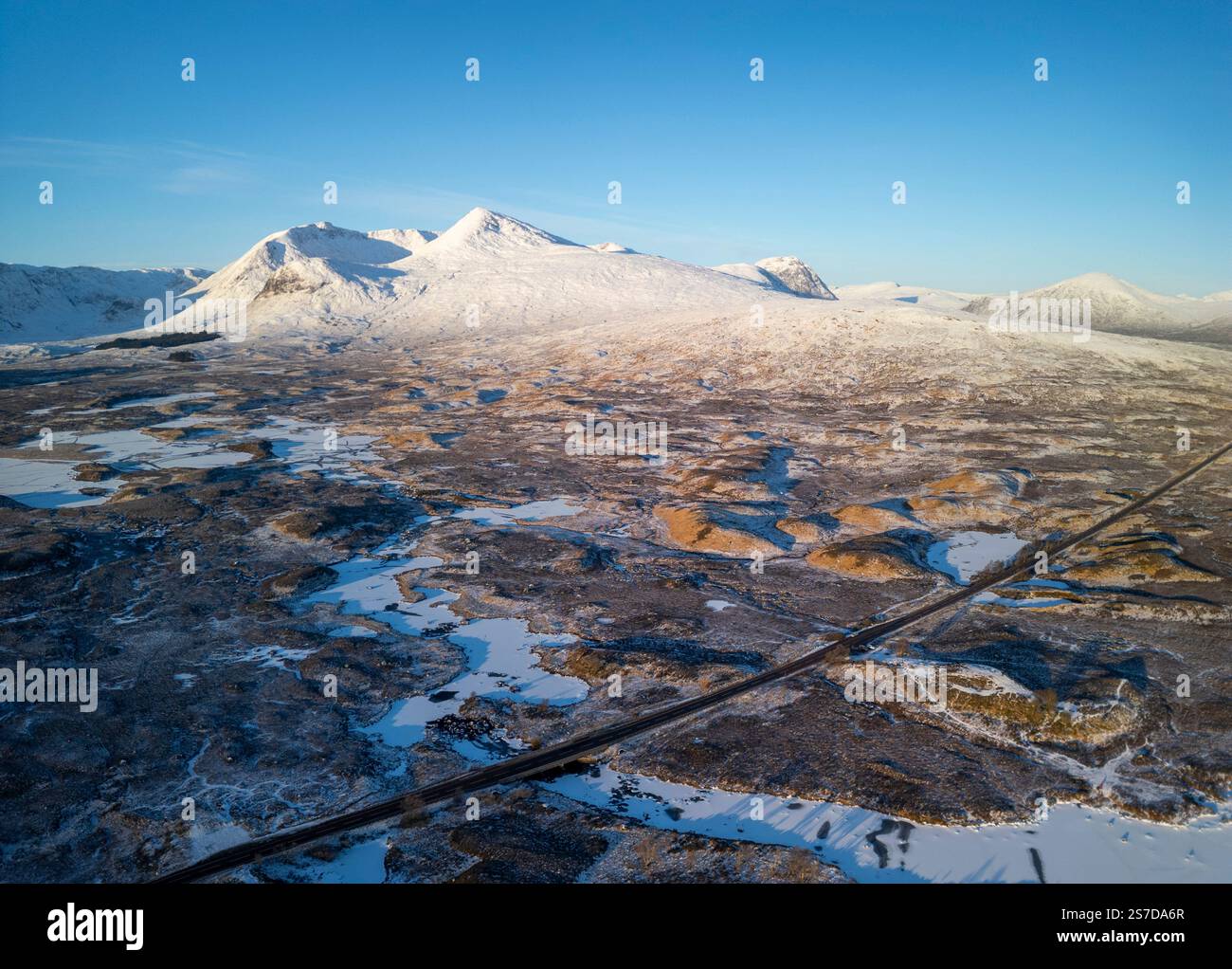 Aerial view from drone of frozen winter landscape of Rannoch Moor ...