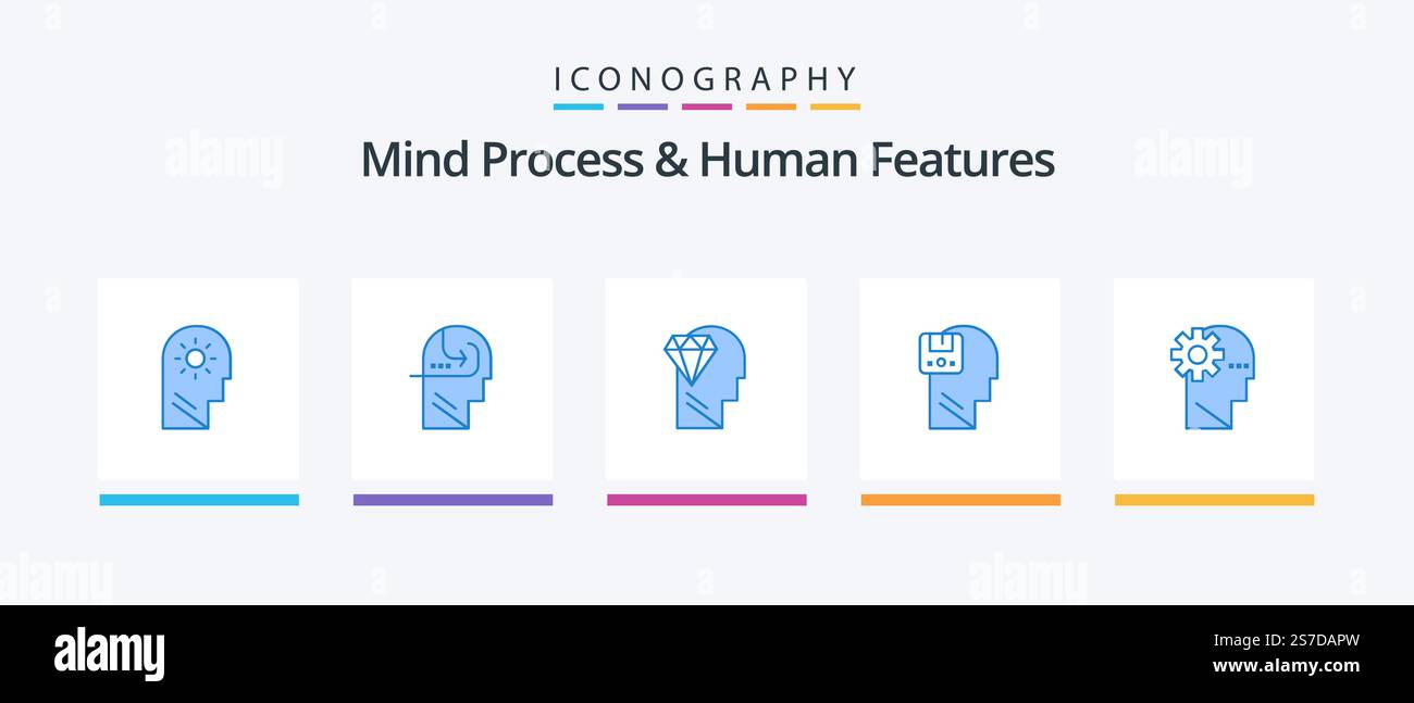 Mind Process And Human Features Blue 5 Icon Pack Including brain. user ...