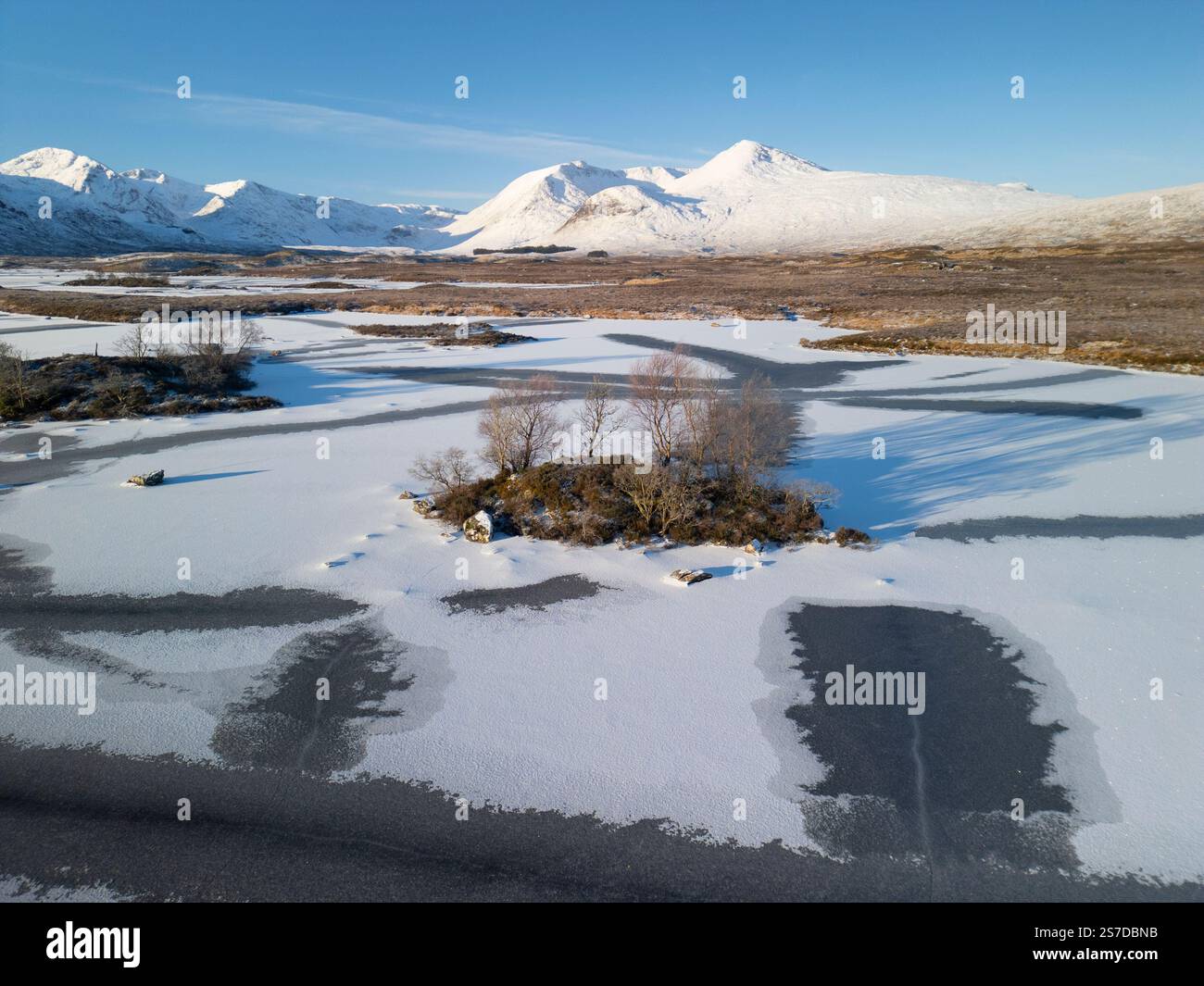 Aerial view from drone of frozen winter landscape of Rannoch Moor ...
