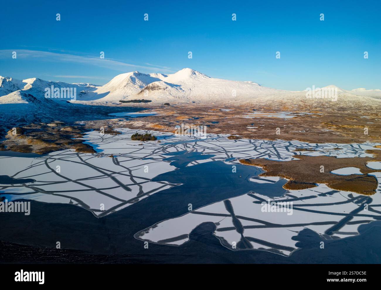 Aerial view from drone of frozen winter landscape of Rannoch Moor ...
