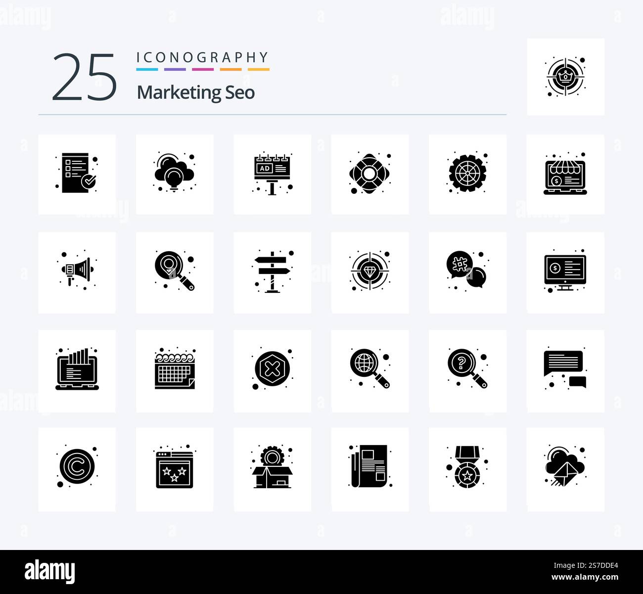 Marketing Seo 25 Solid Glyph icon pack including settings. cog wheel. advertisement. support ...