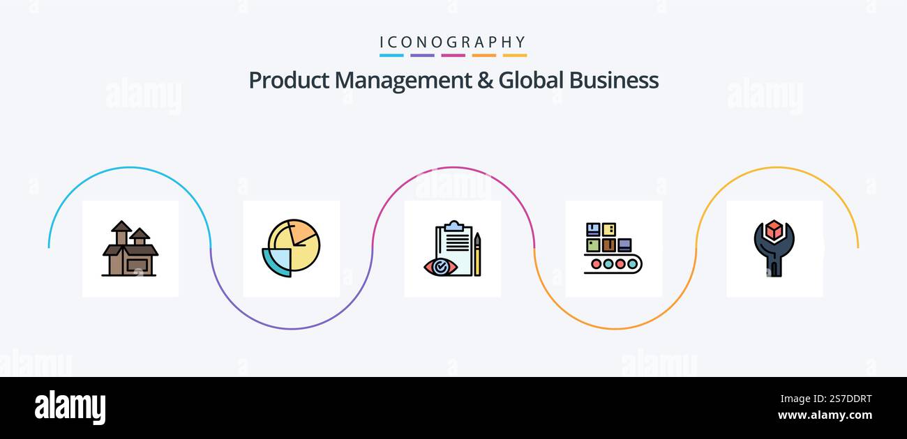 Product Managment And Global Business Line Filled Flat 5 Icon Pack Including product. line ...