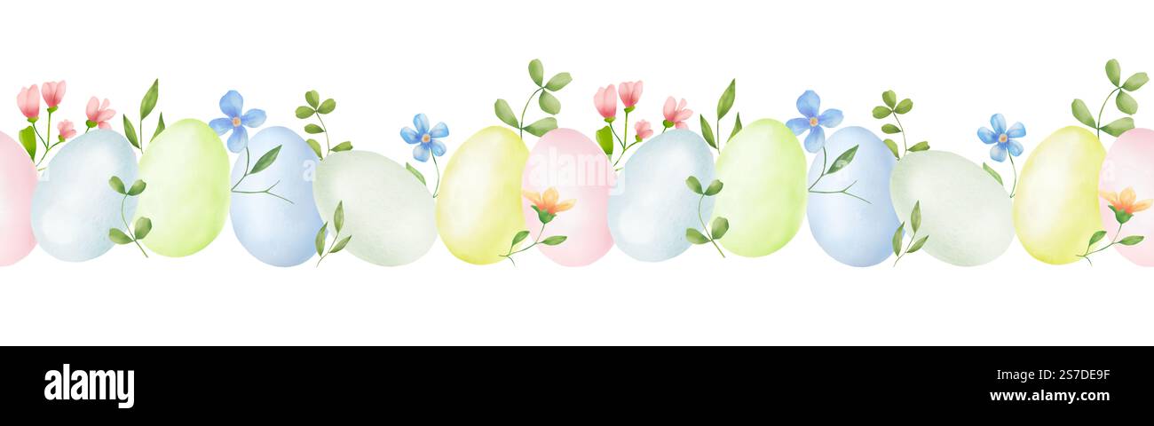 Easter eggs and spring flowers with leaves, seamless horizontal border ...