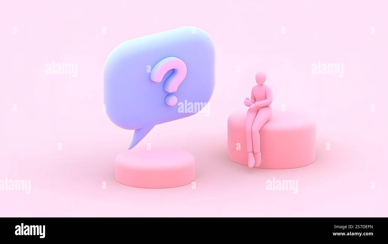 Minimal and simple 3D rendering of a blue speech bubble with question ...