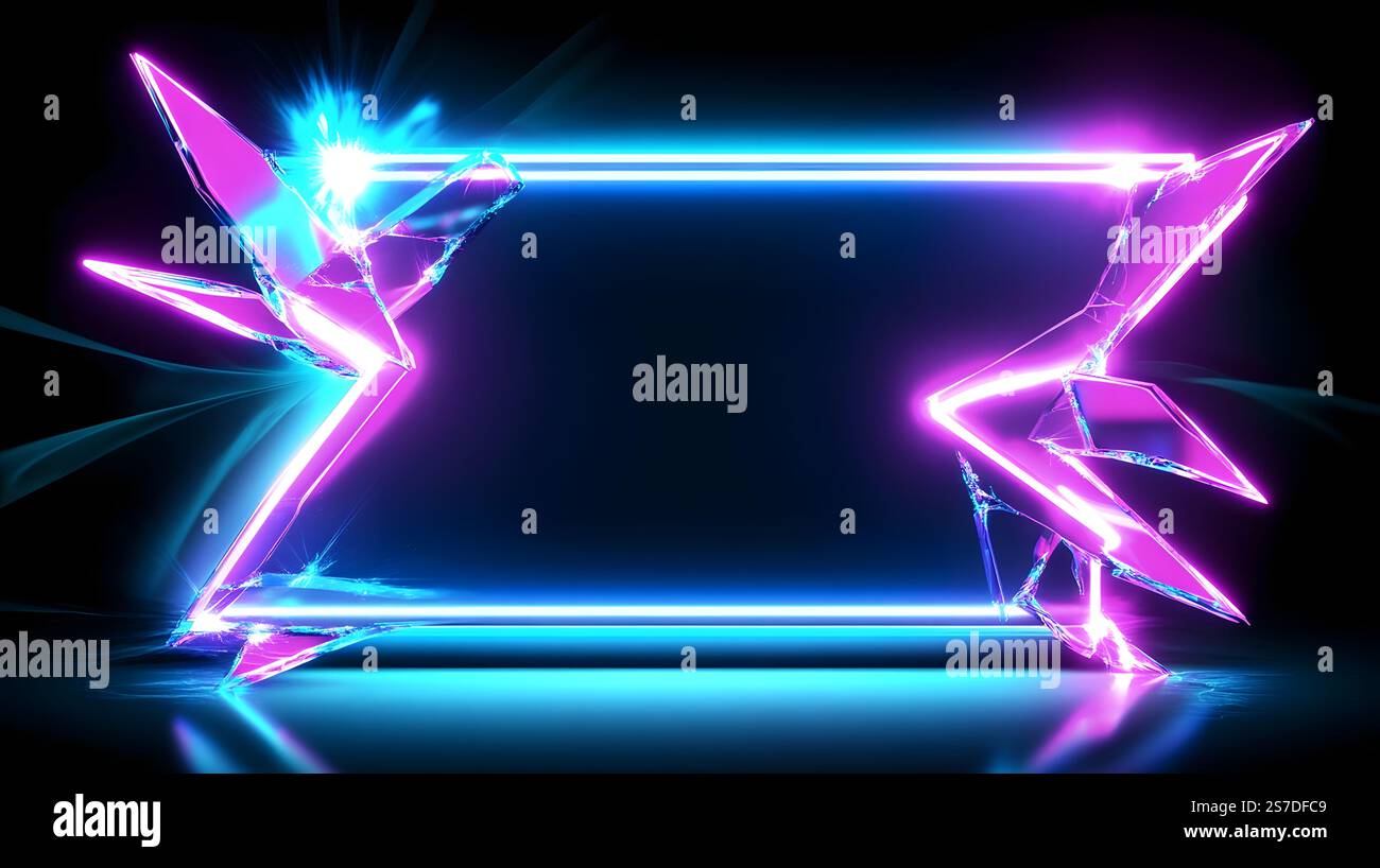 Shattered neon frame effect with glowing fragments scattered across a ...