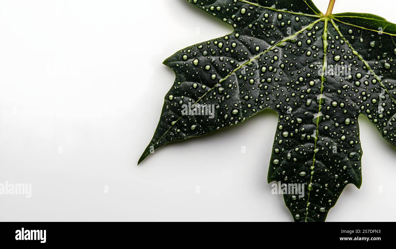 Macro close-up photograph of a green leaf covered in dew drops ...
