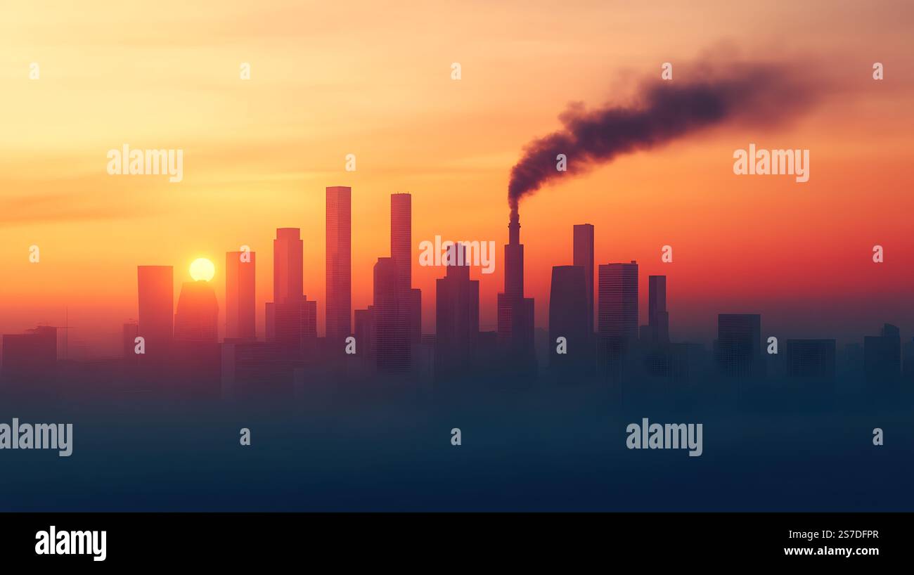 Conceptual image depicting the transition from a polluted city skyline ...