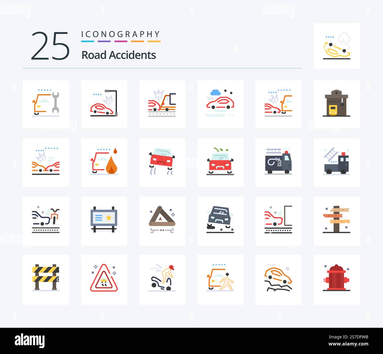 Road Accidents 25 Flat Color icon pack including car. wet road ...