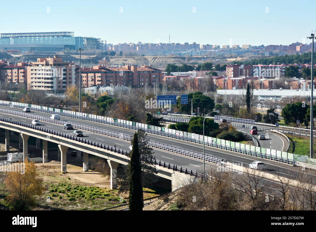 Madrid. Spain - January 19, 2025: Highway with cityscape and stadium in ...