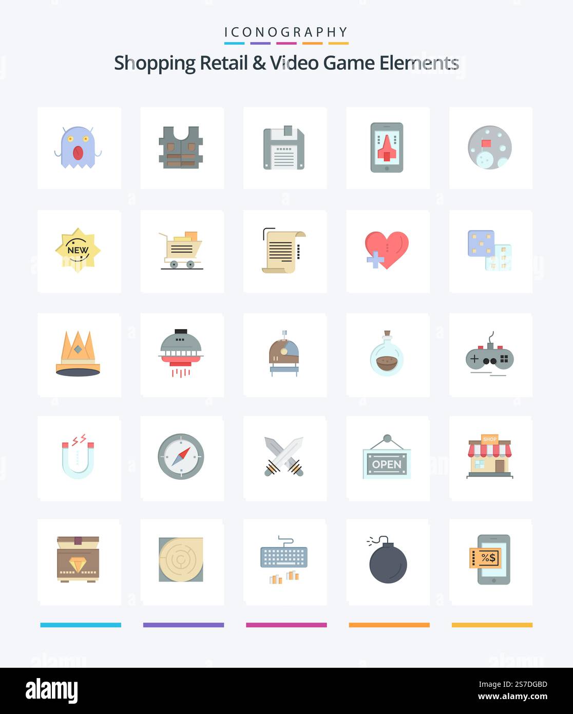 Creative Shoping Retail And Video Game Elements 25 Flat icon pack Such ...