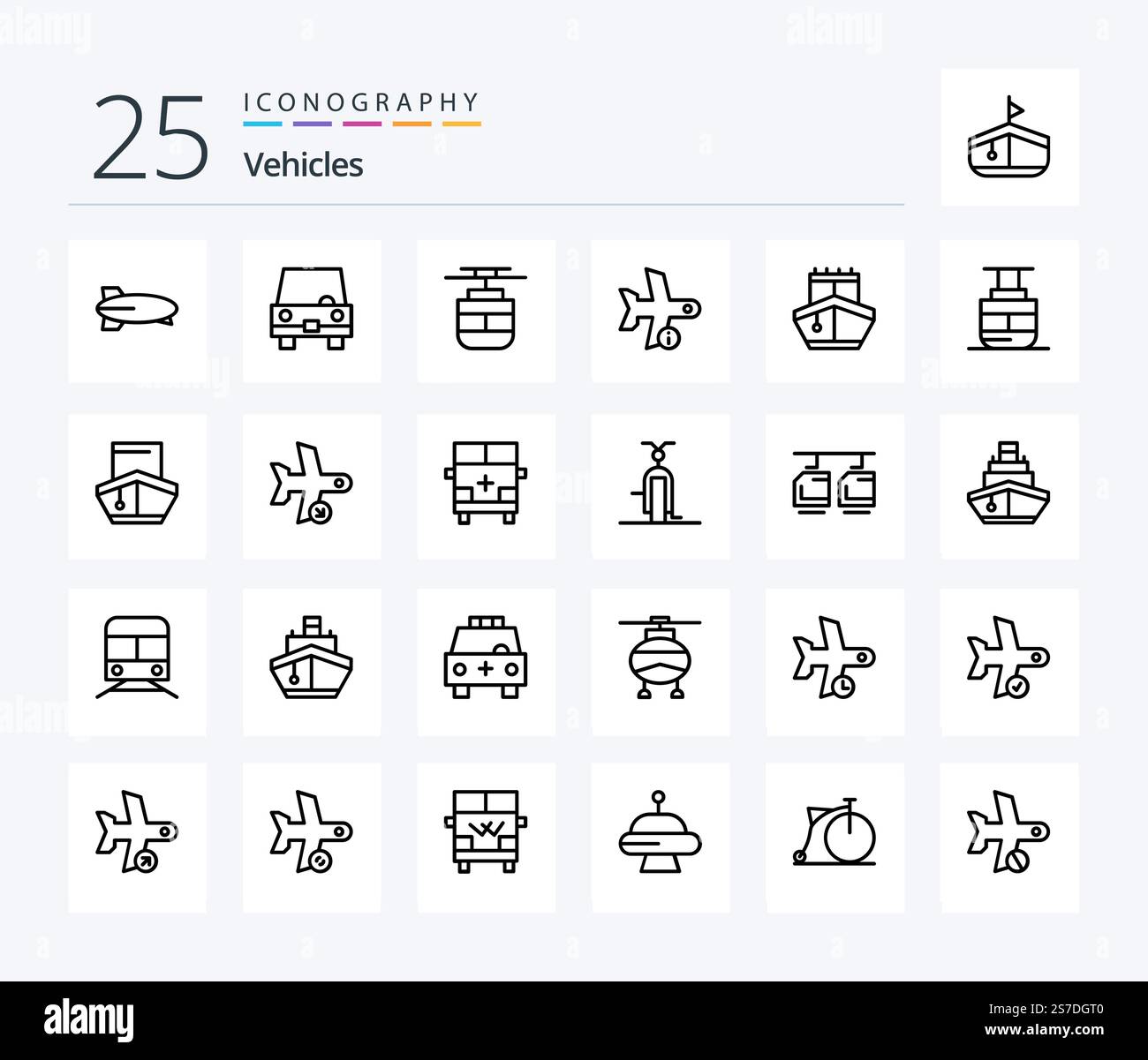 Vehicles 25 Line icon pack including transportation. plane. vehicles. info. vehicles Stock ...