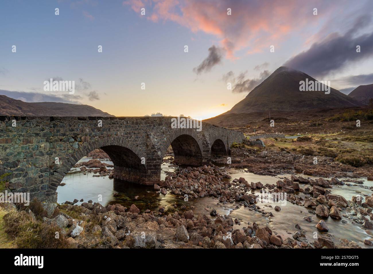 Old Sligachan Bridge on Isle of Skye at sunrise, Scotland Stock Photo ...