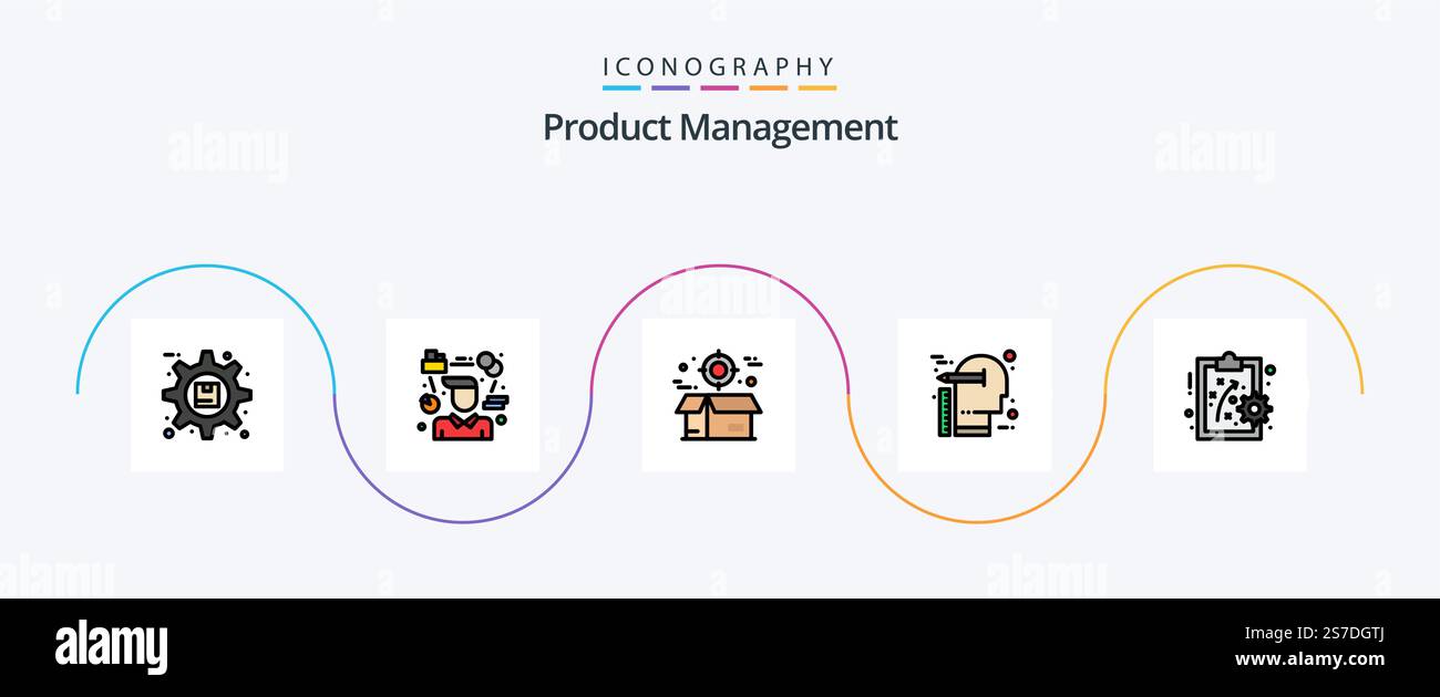 Product Management Line Filled Flat 5 Icon Pack Including thinking. creative. consultant ...