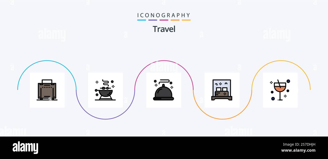 Travel Line Filled Flat 5 Icon Pack Including glass. alcohol. menu ...