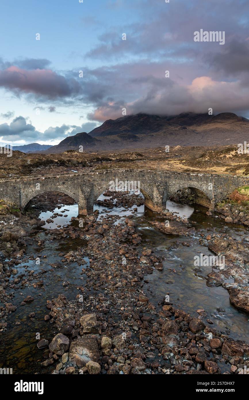 Old Sligachan Bridge on Isle of Skye at sunrise, Scotland Stock Photo ...