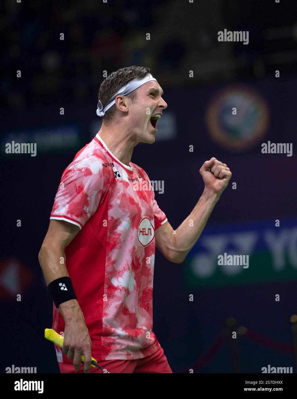 New Delhi, India. 19th Jan, 2025. Viktor Axelsen celebrates during the ...