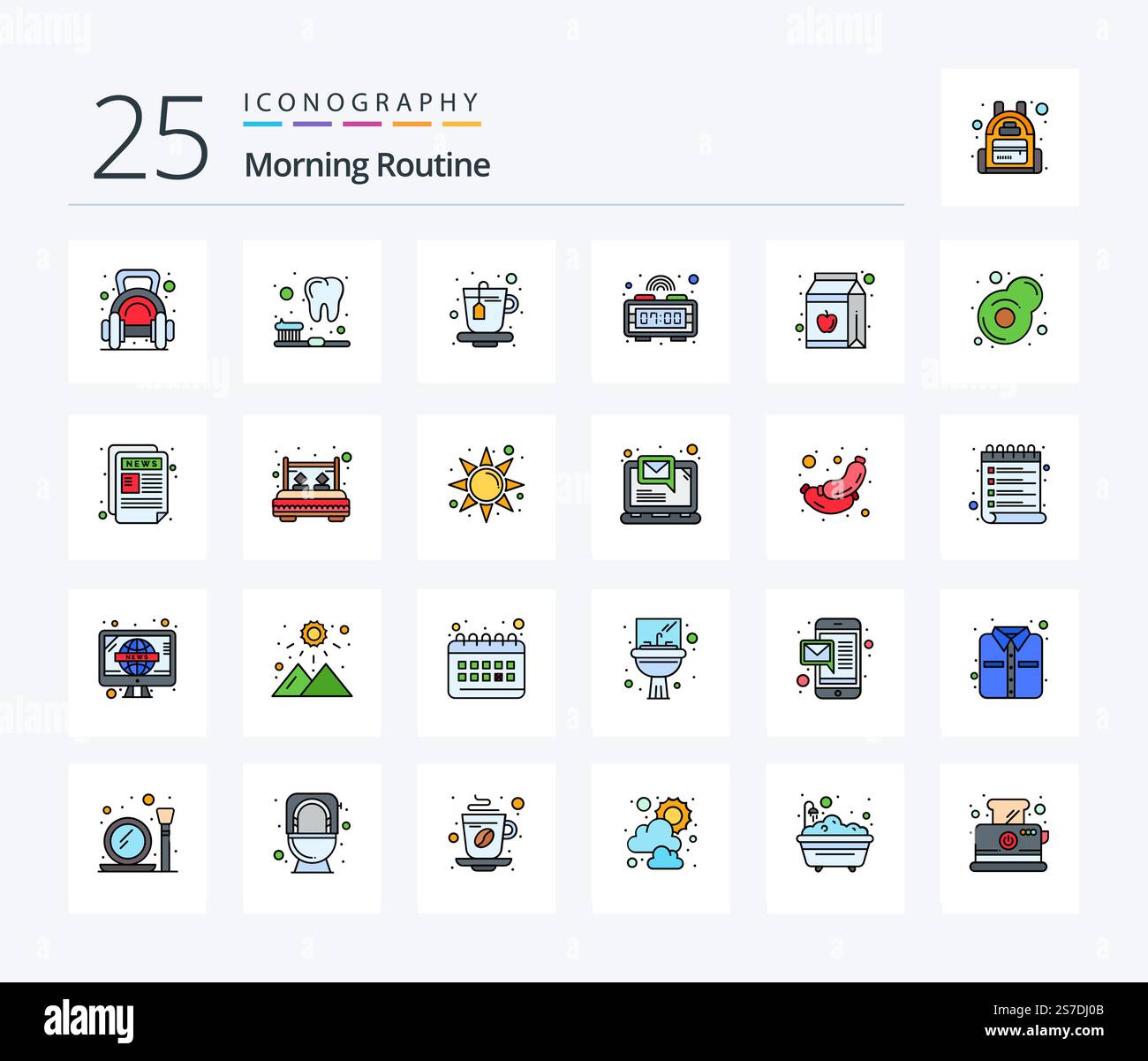 Morning Routine 25 Line Filled icon pack including bottle. juice. cup ...