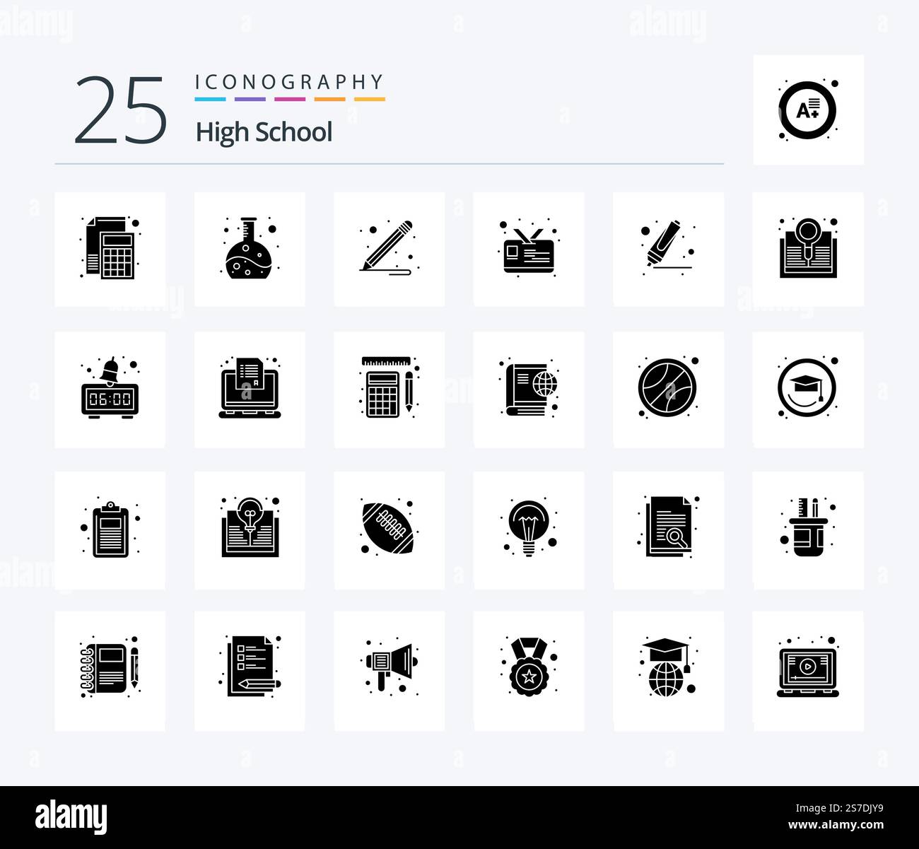 High School 25 Solid Glyph icon pack including explore. marker. pencil ...