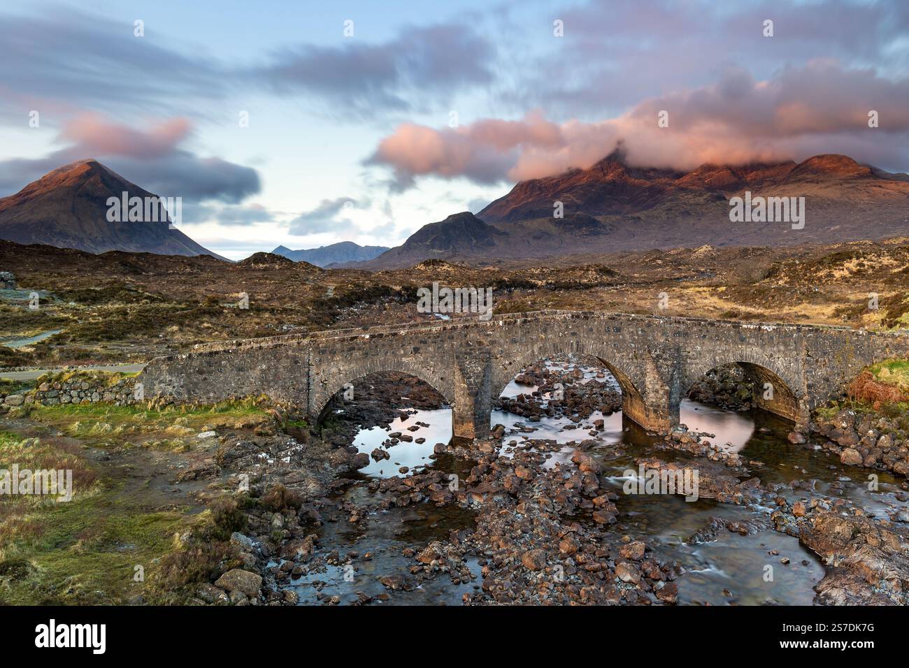 Old Sligachan Bridge on Isle of Skye at sunrise, Scotland Stock Photo ...