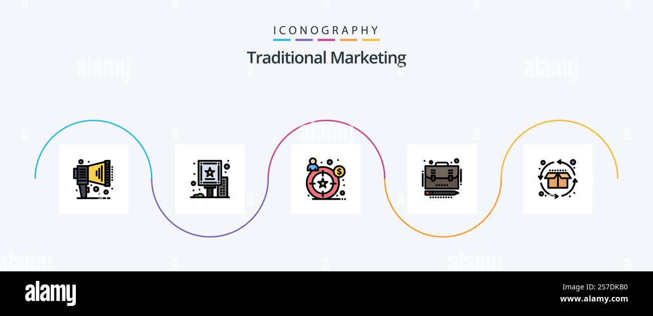 Traditional Marketing Line Filled Flat 5 Icon Pack Including product ...