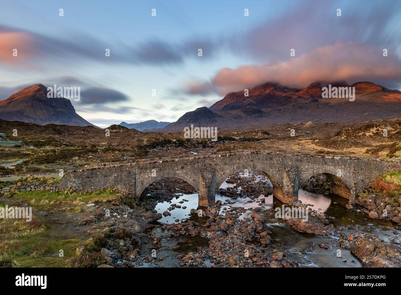 Old Sligachan Bridge on Isle of Skye at sunrise, Scotland Stock Photo ...