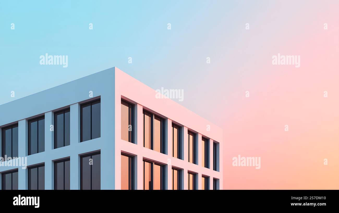 Visually striking 3D of a clean,pastel-colored office building with a ...
