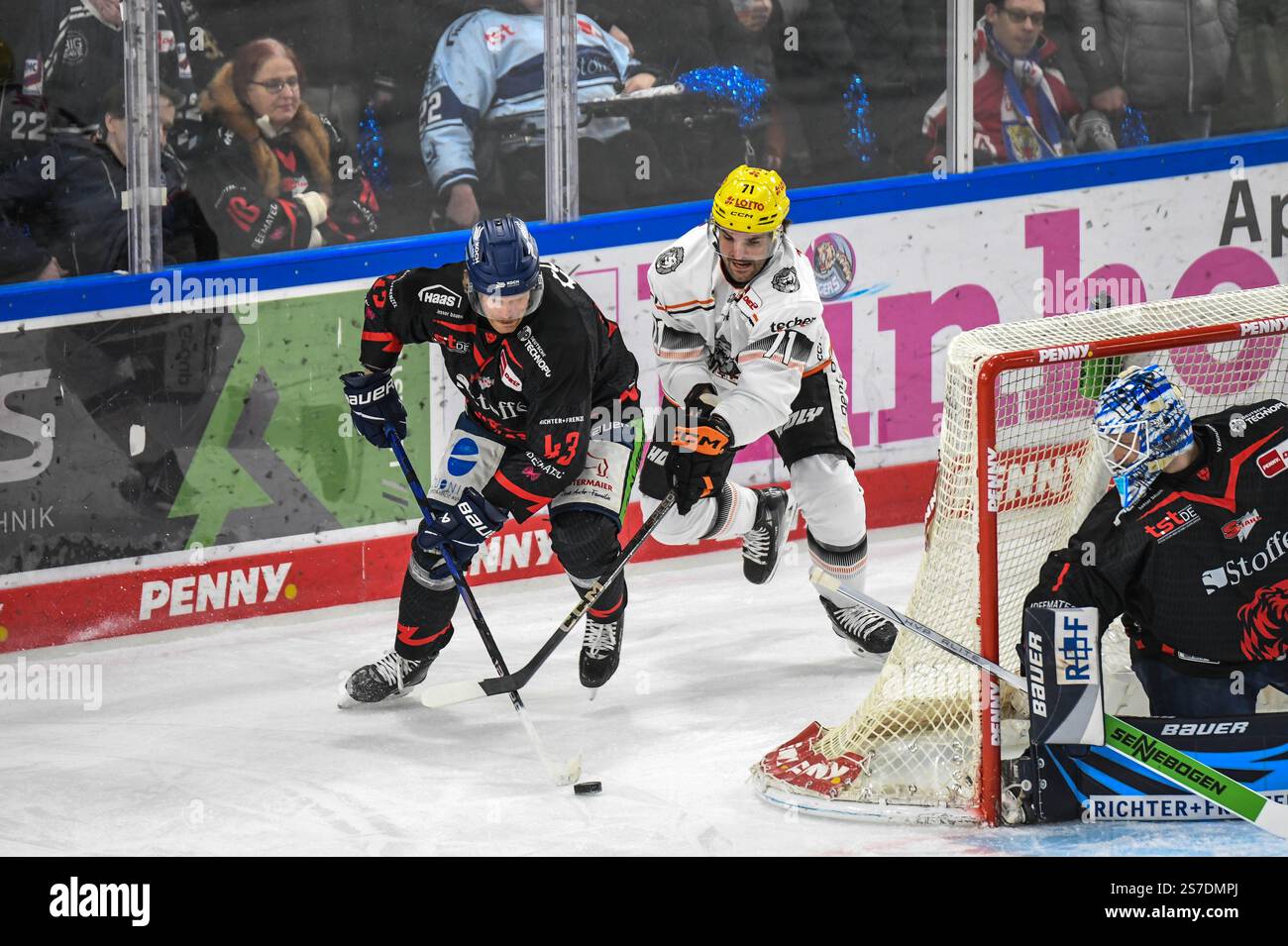 Philip Samuelsson (Straubing Tigers) im Kampf um den Puck mit Linus ...