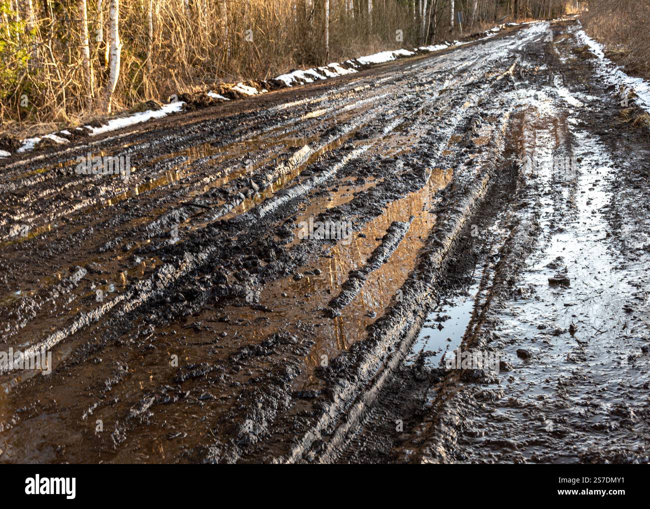 landscape with a muddy, wet road, mud texture, snow remnants, winter ...