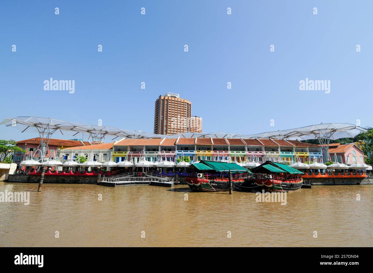 Modern architecture in the eateries area of Clarke Quay, Singapore. Tow ...