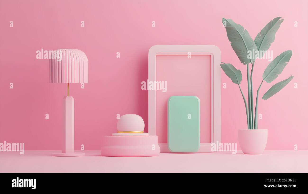 Minimalist pastel pink and mint green studio display with abstract ...