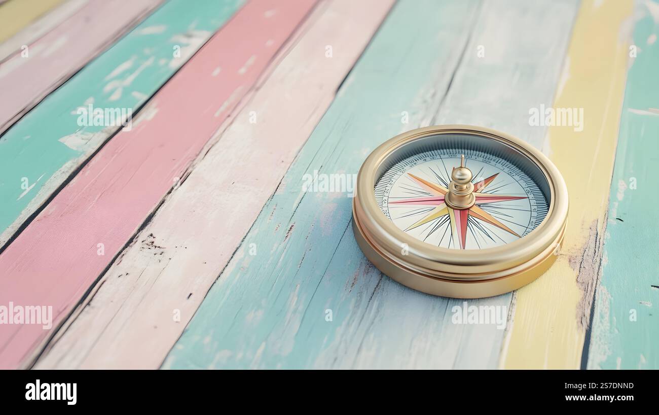 Shiny Brass Compass with Vibrant Pastel Wood Background - 3D of a ...