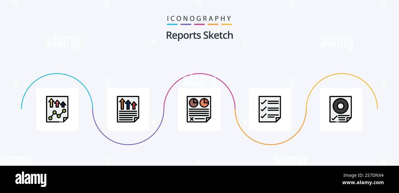 Reports Sketch Line Filled Flat 5 Icon Pack Including document ...
