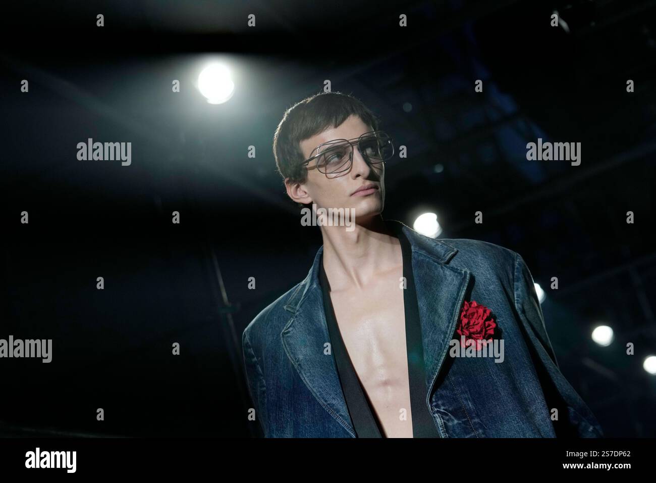 A model wears a creation part of the men's Prada Fall-Winter 2025-2026 collection, that was ...