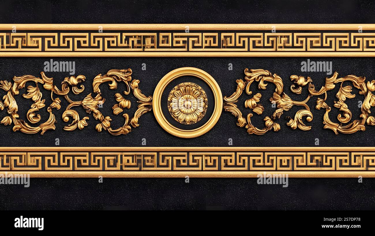 Ornate Greek Key Border Framing Elegant Baroque Medallion in Rich Gold ...