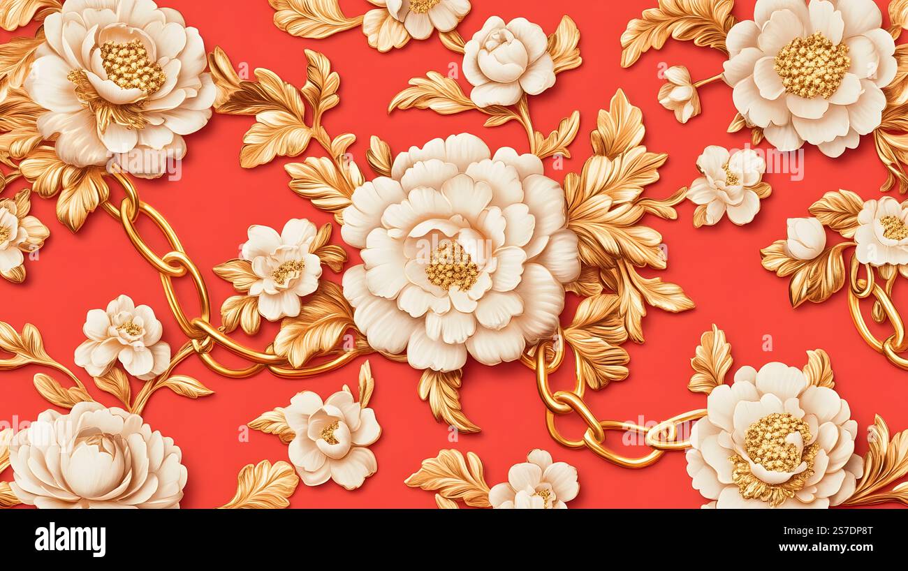 Luxurious floral motifs intertwined with bold gold chains against a ...