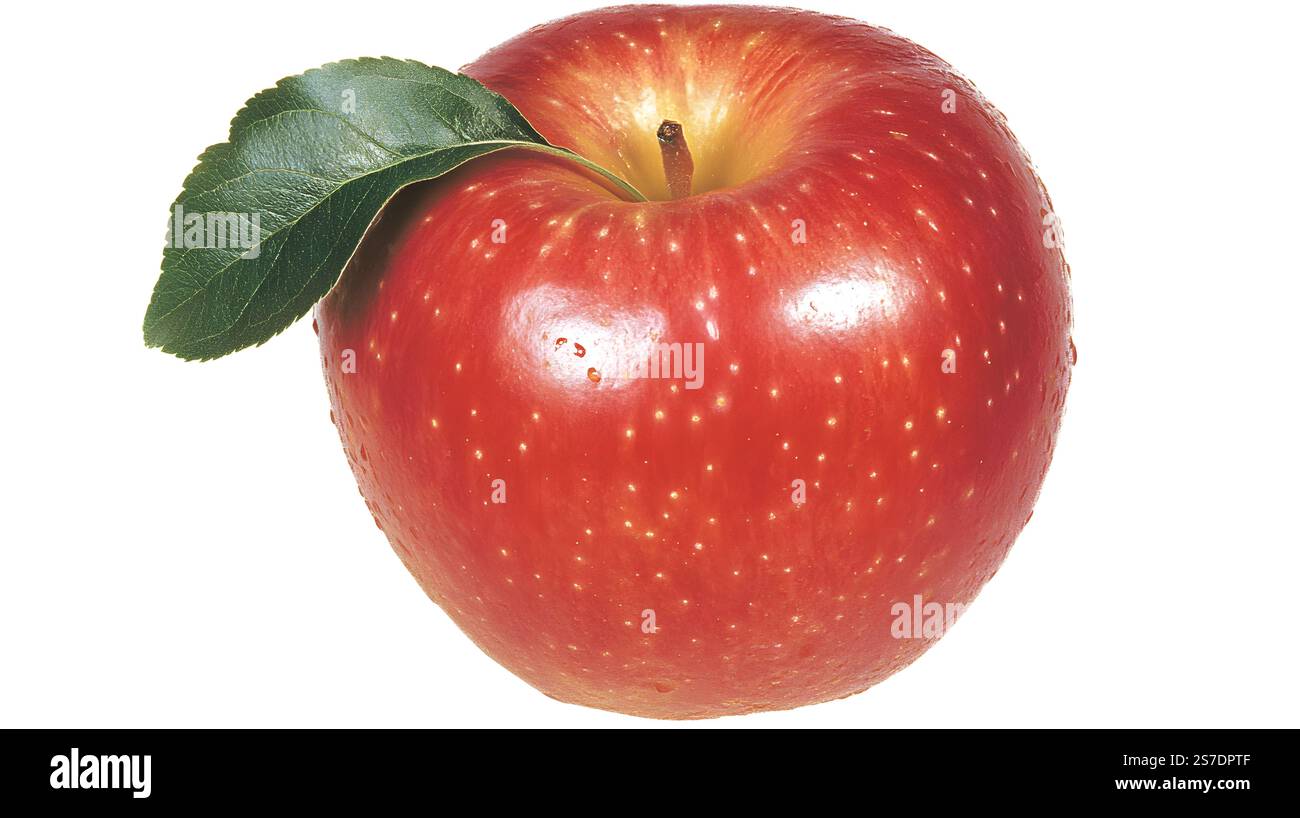 Bright red apple with a glossy skin and a fresh green leaf attached to ...