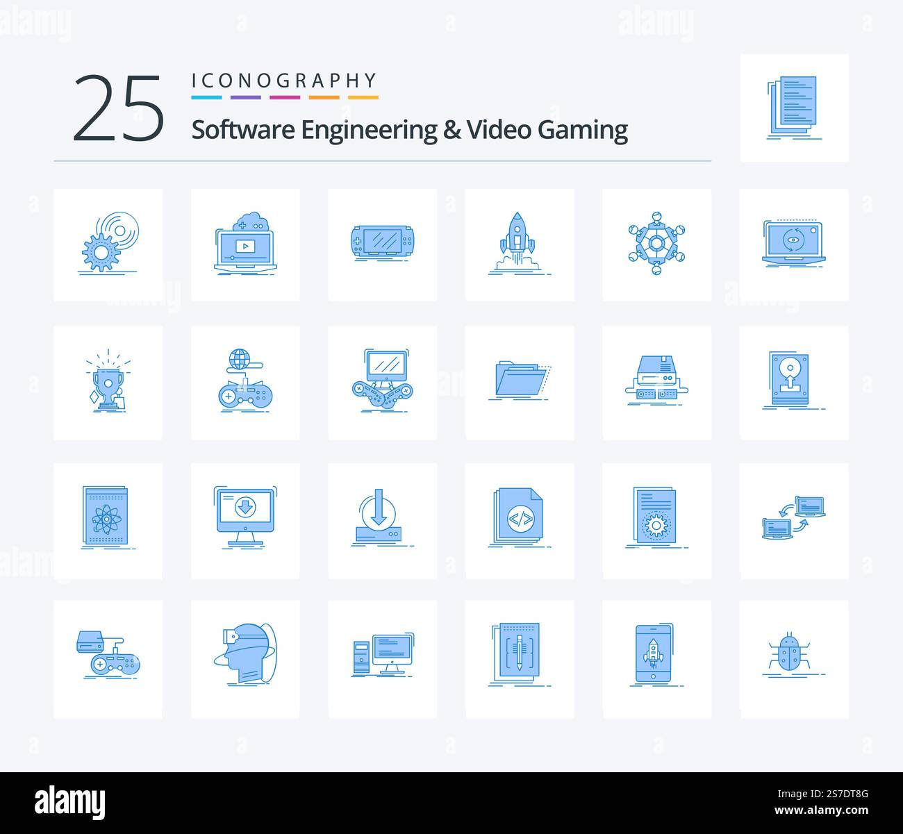 Software Engineering And Video Gaming 25 Blue Color icon pack including shuttle. launch ...