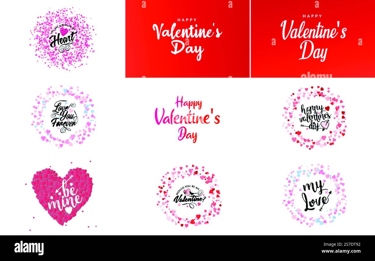 Hand-drawn black lettering Valentine’s Day and pink hearts on white ...